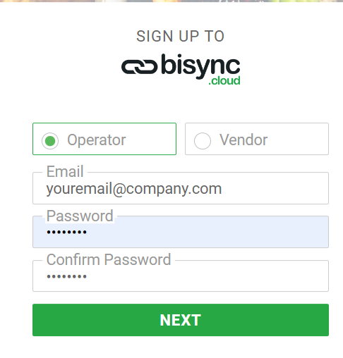 Signing up as Operator/Vendor - BISYNC.CLOUD
